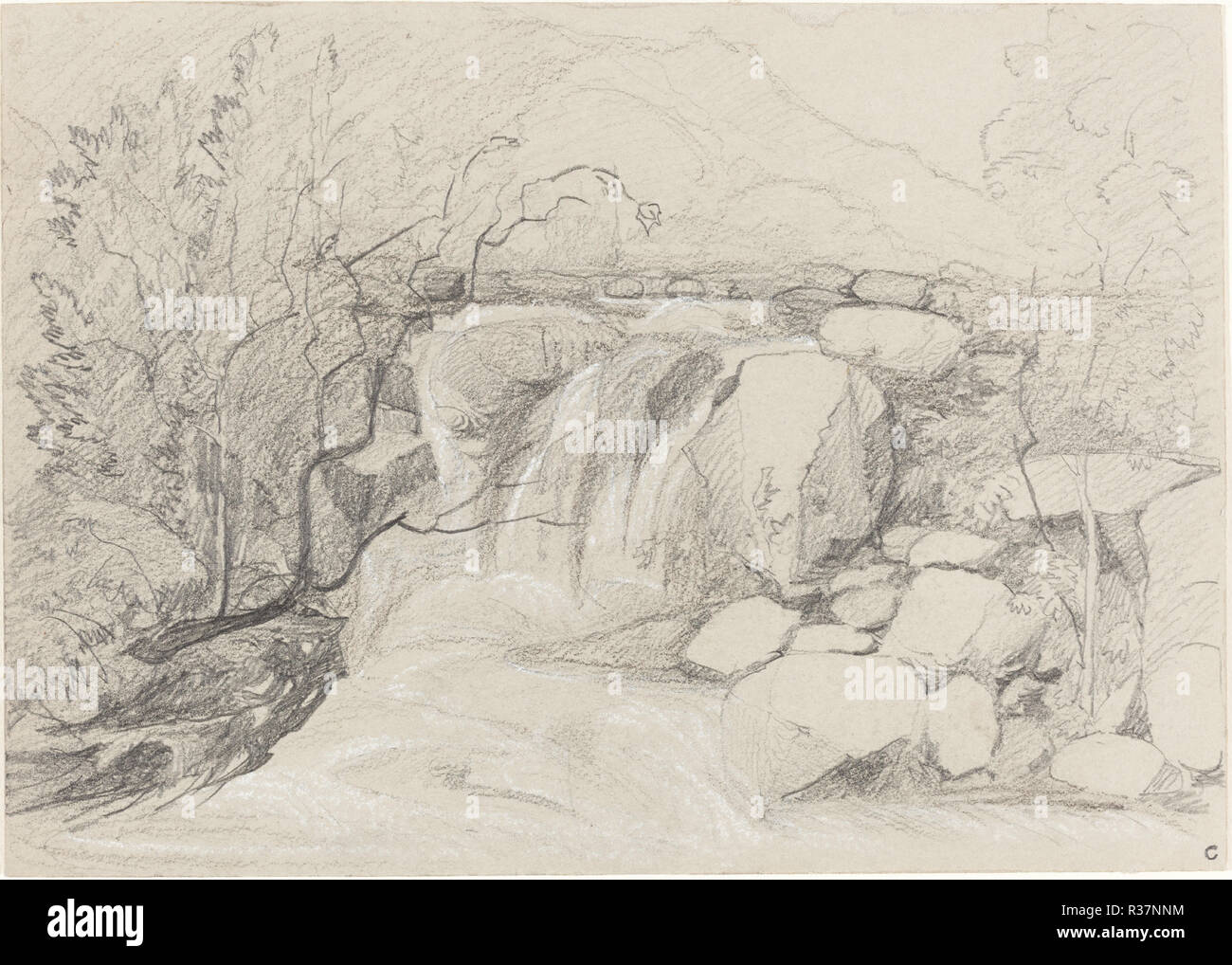 Waterfall with Rocks. Dimensions: overall: 17.8 x 24.9 cm (7 x 9 13/16 ...