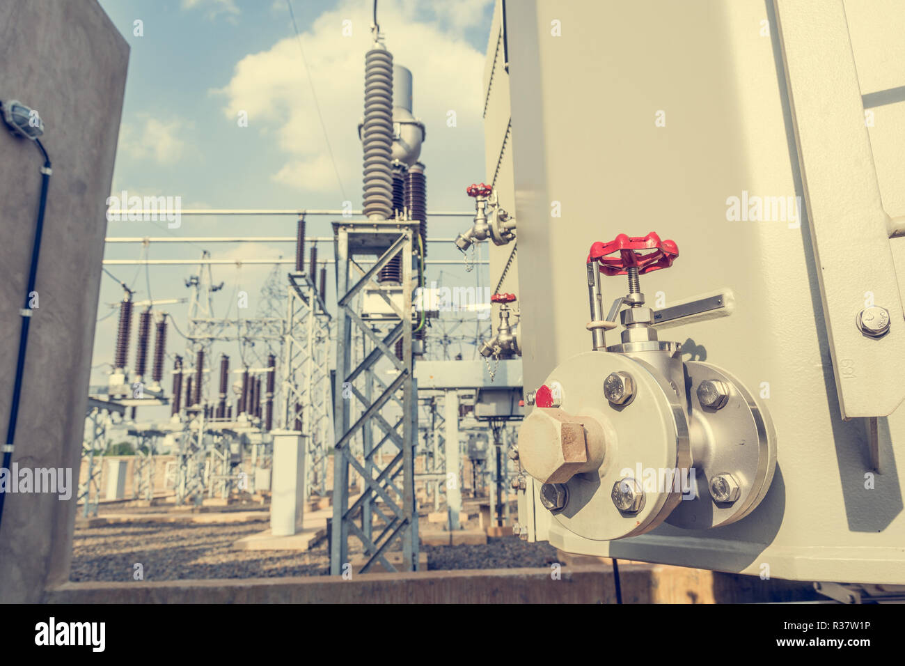 Detail and focus on red oil release valve of power transformer Stock ...