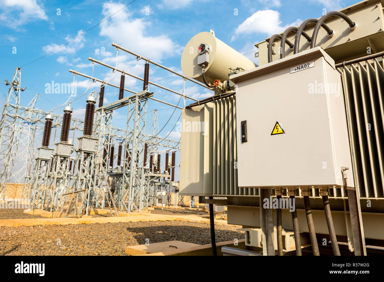 Power utility box on a power transformer in substation switchyard Stock ...