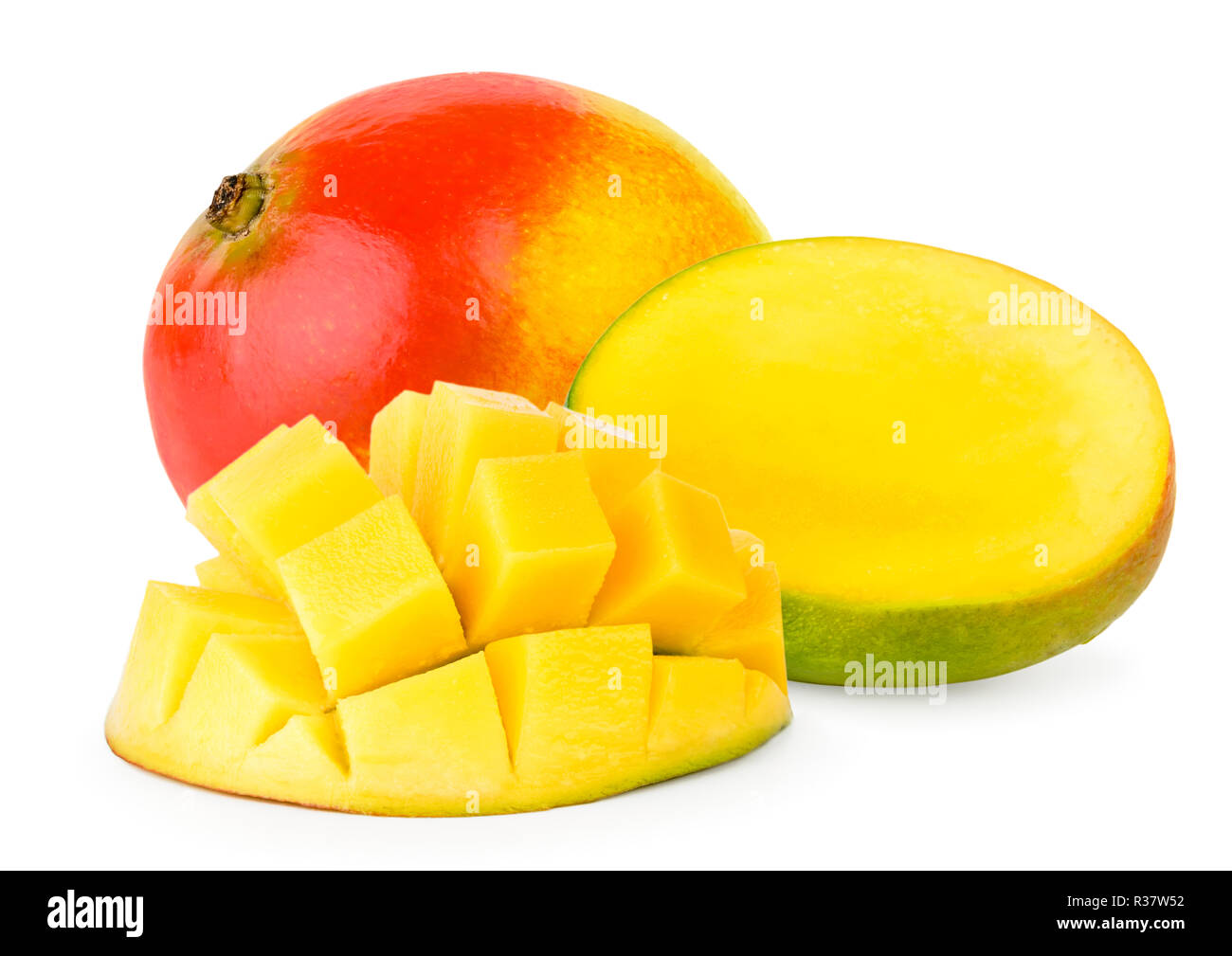 Mango, mango half and mango cubes close-up. Isolated Stock Photo - Alamy