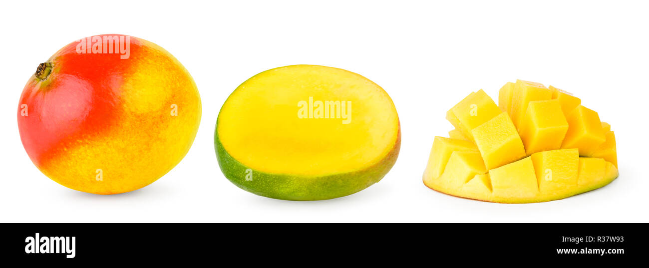 Set of mangoes, half mangoes and mango cubes close-up. Isolated Stock ...
