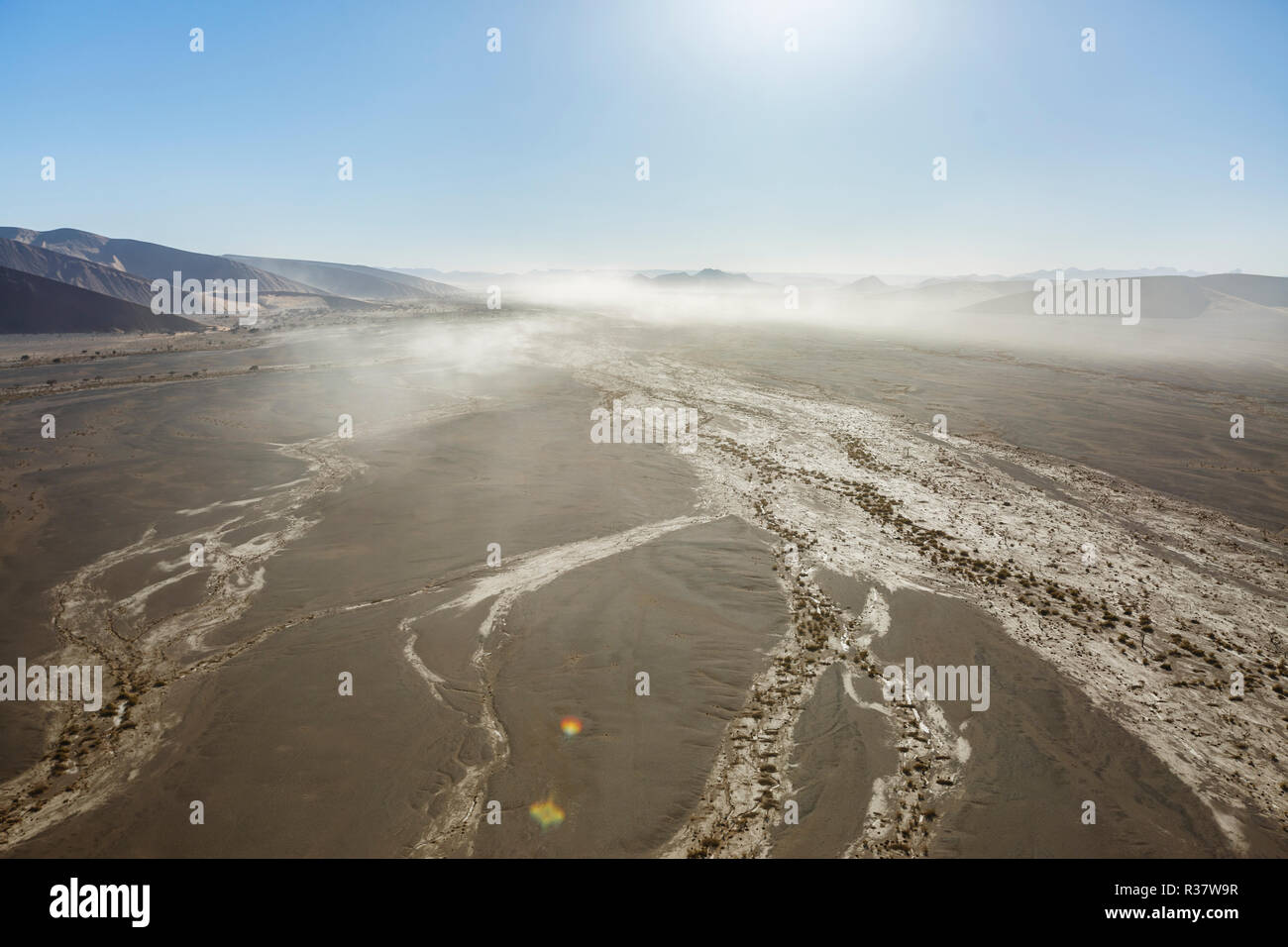 Aerial view, sandstorm in Sossusvlei National Park, Namib-Naukluft ...
