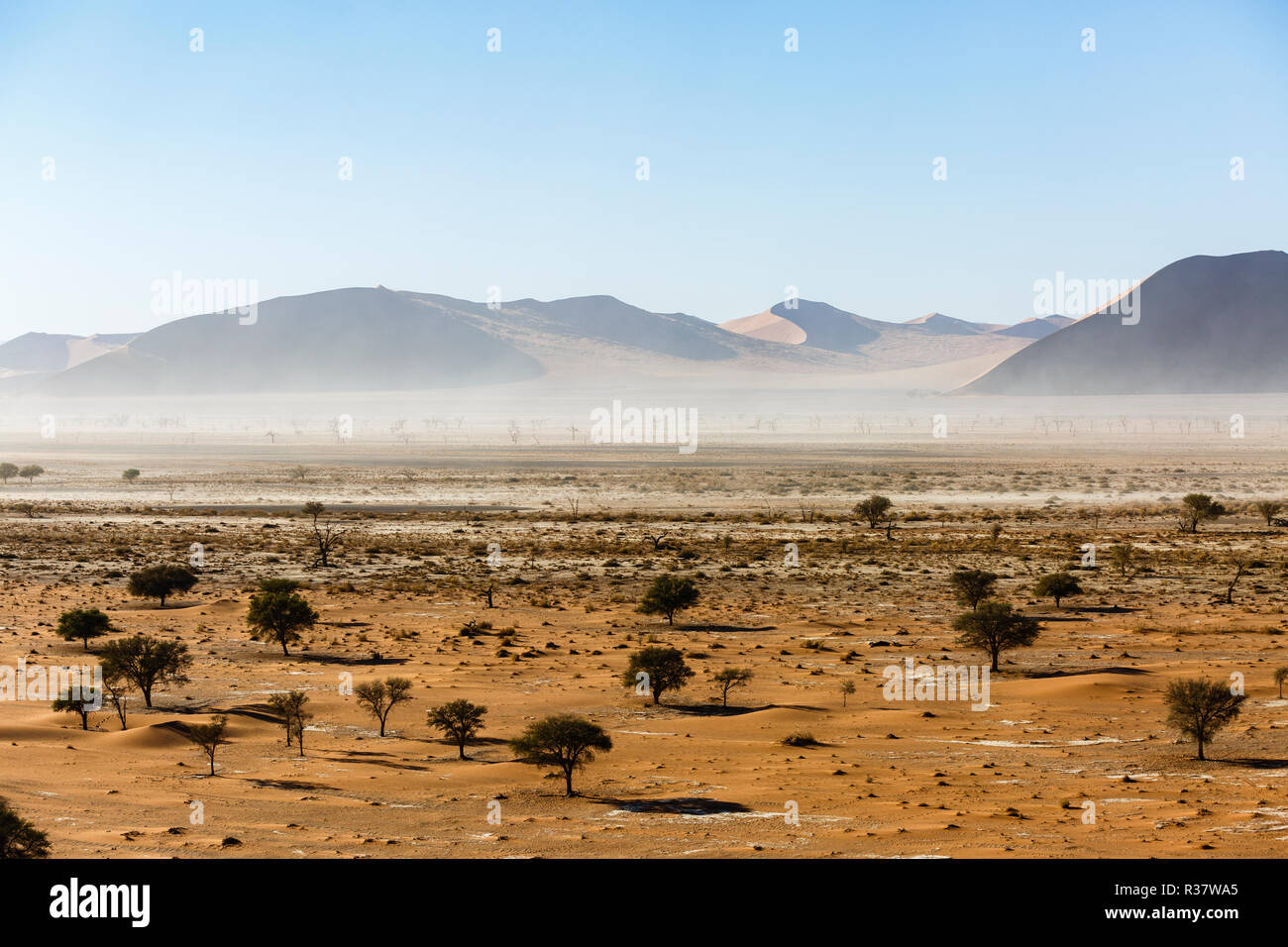 Aerial view, sandstorm in the Namib Desert, Sossusvlei National Park ...