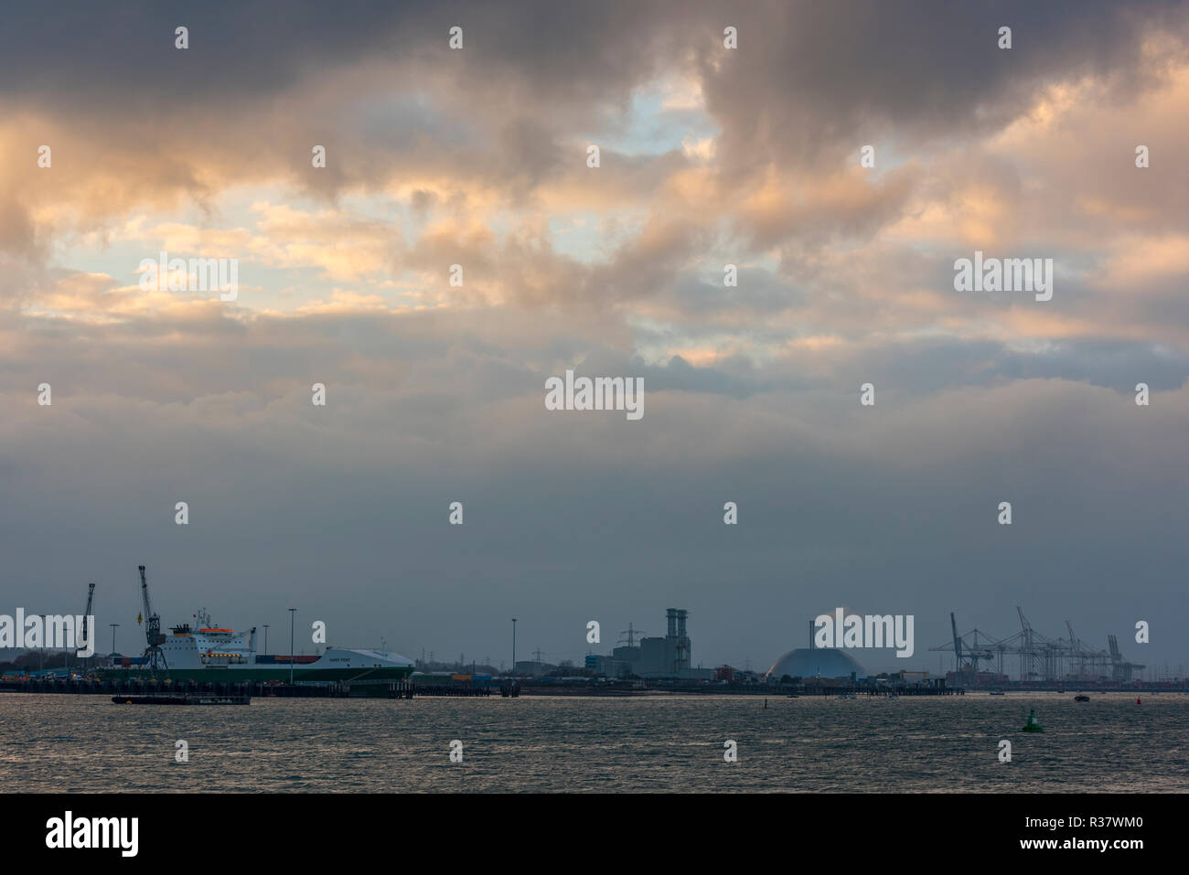 the port of southampton on stormy evening with atmospheric light over ...
