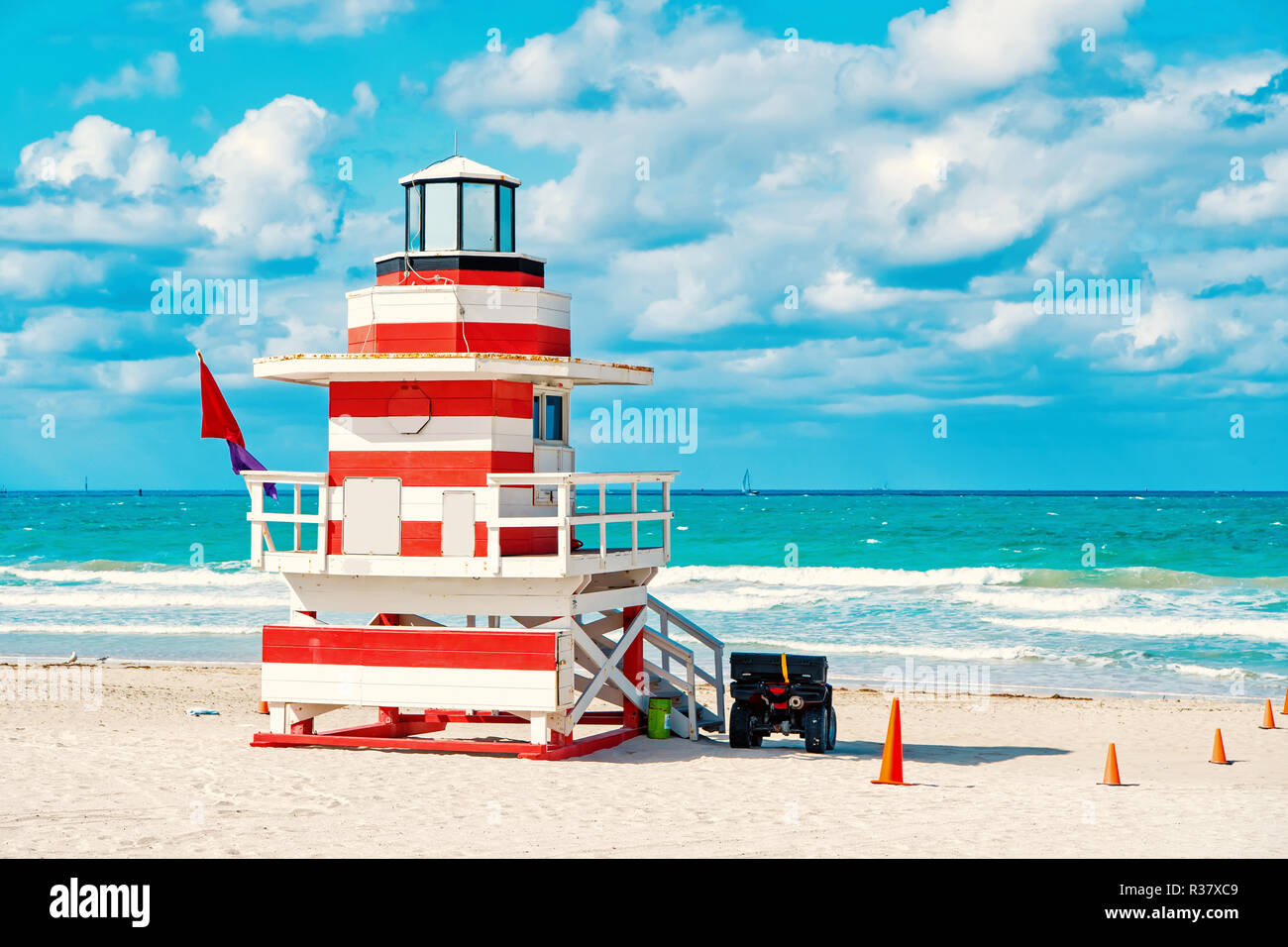 South Beach, Miami, Florida, lifeguard house in a colorful Art Deco red ...