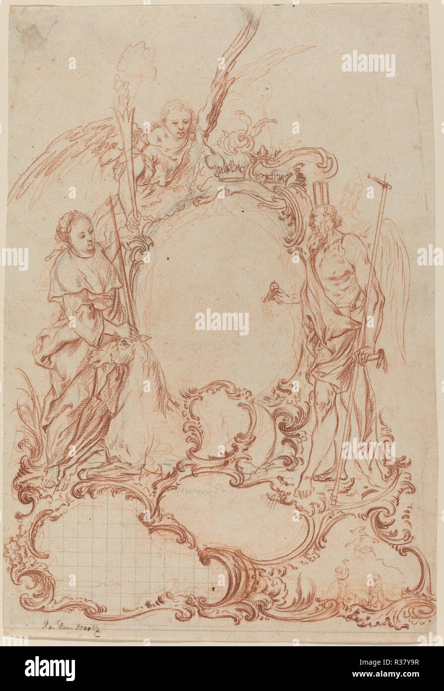 Rococo Cartouche with Allegorical Figures. Dimensions: overall: 33.5 x ...
