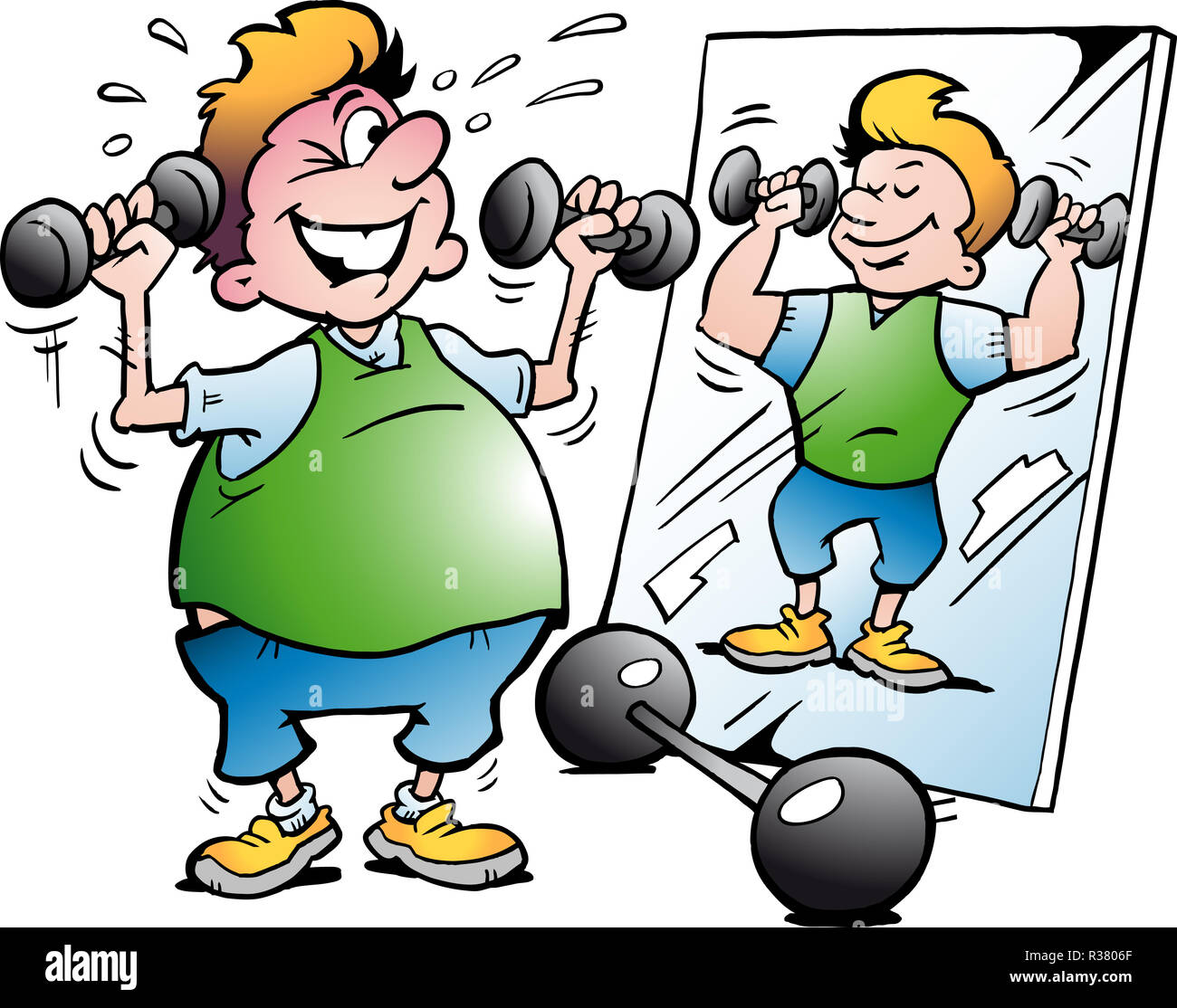Vector Cartoon illustration of a Fat Motion Man making Fitness Stock ...