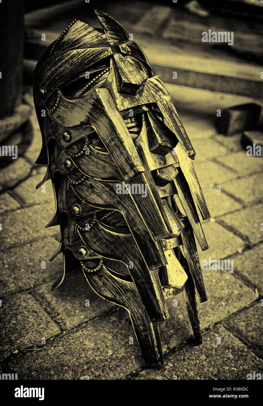 Golden gladiator helmet for protection in combat and war, detail of ...