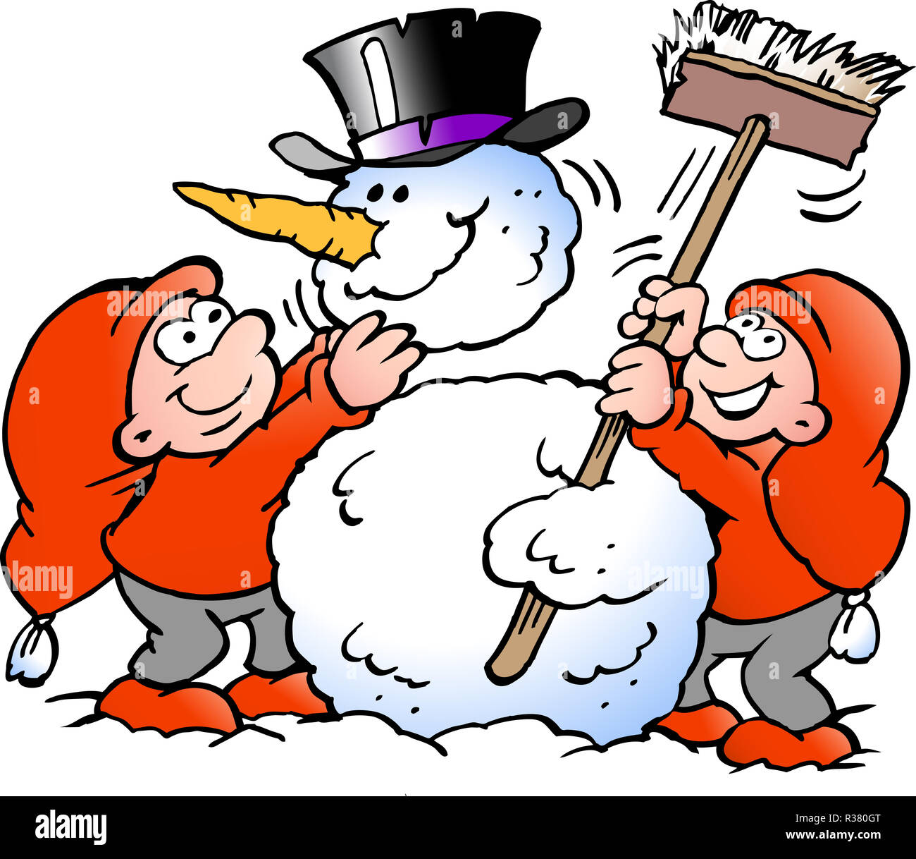 Vector Cartoon illustration of two happy Elf making a big Snowman Stock ...