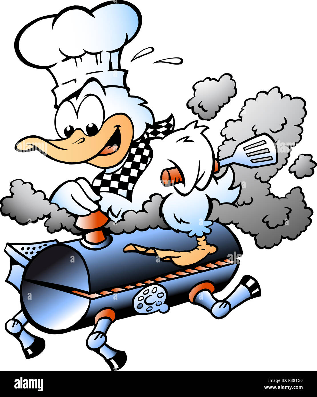Cartoon Vector illustration of an Chef Duck riding a BBQ grill barrel ...