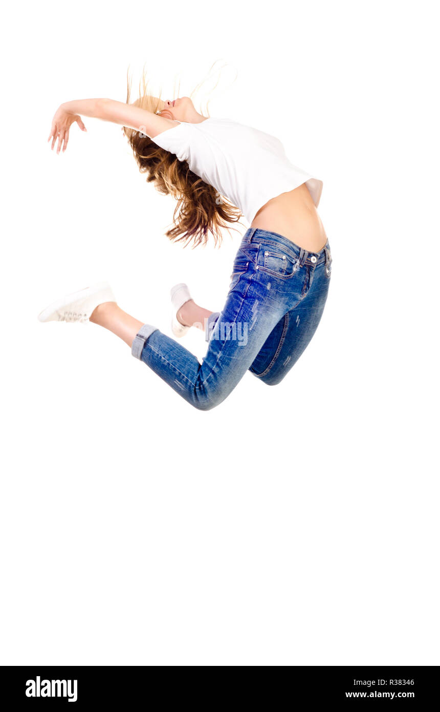 Beautiful woman jumping with joy isolated on white background Stock ...