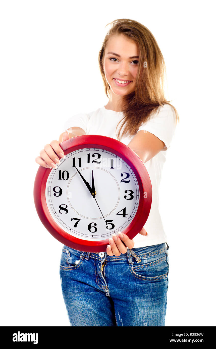 young girl with clock isolated on a white background Stock Photo - Alamy