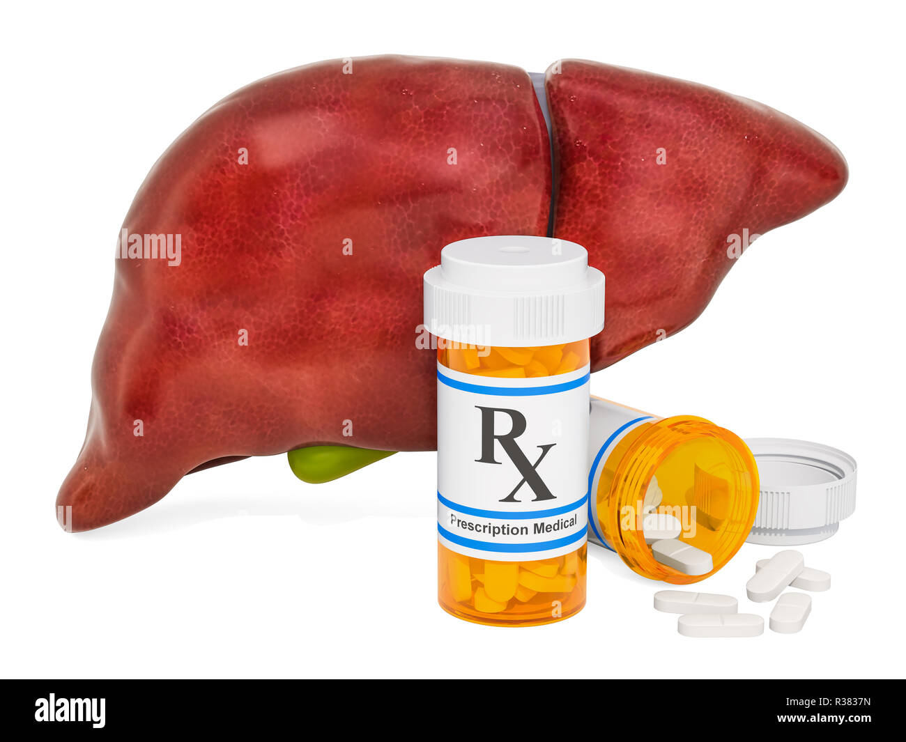 Liver and drugs concept. Human liver with medical bottles and pills, 3D ...
