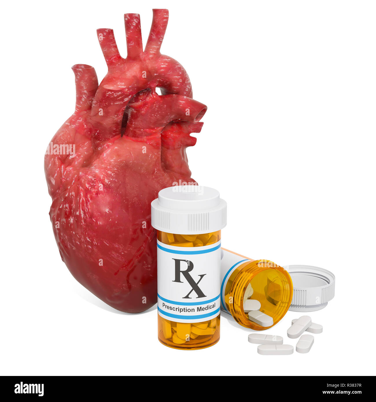 Heart drugs concept. Human heart with medical bottles and pills, 3D ...