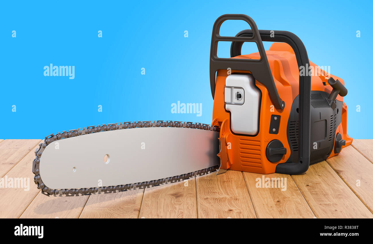 Modern chainsaw on the wooden table. 3D rendering Stock Photo - Alamy
