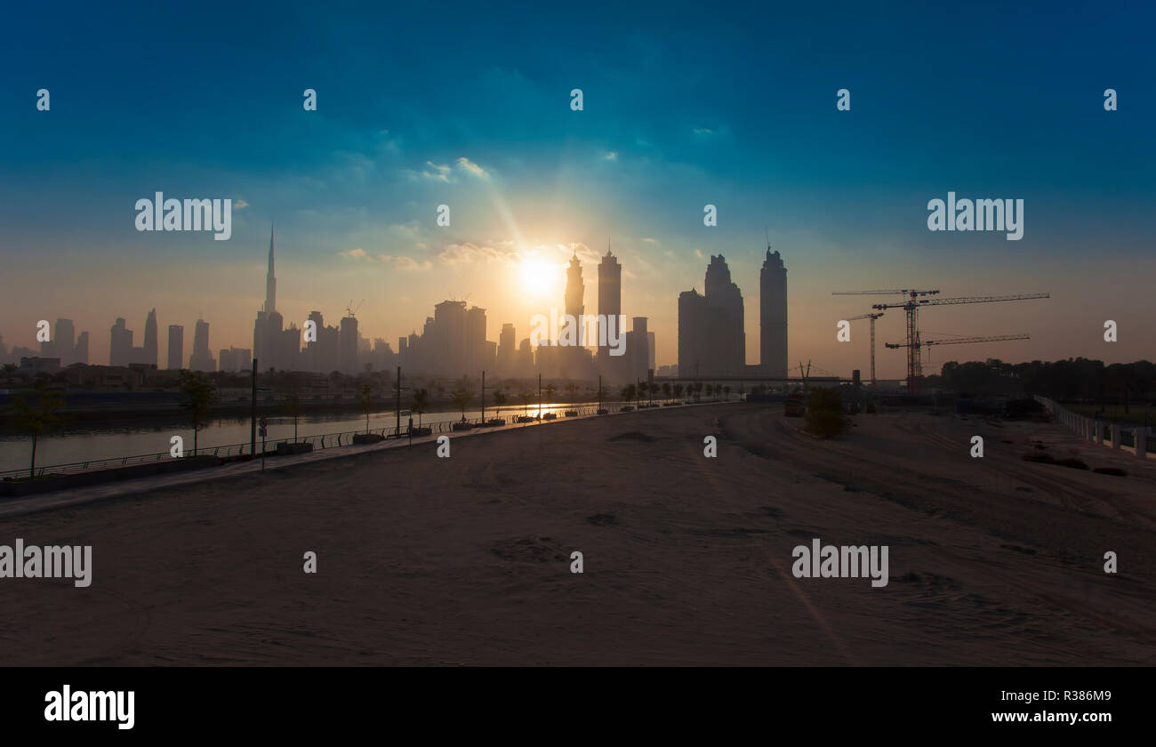 Dubai city skyline in the morning, sunrise Stock Photo - Alamy