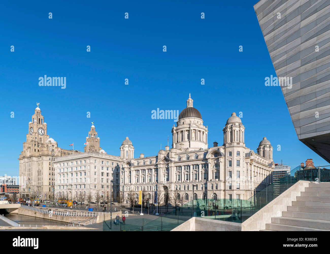 The Three Graces at Pier Head from the steps of the Museum of Liverpool ...