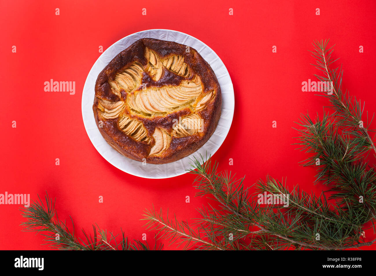 Winter apple pie on a red background. Homemade cakes. The branches of ...