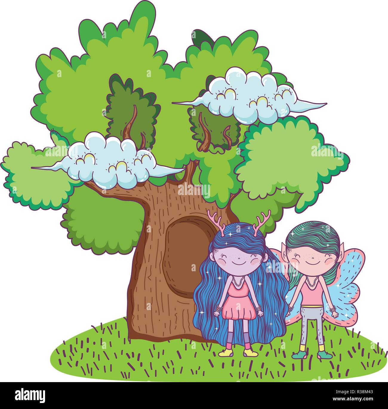 cute little fairies couple with tree vector illustration design Stock ...