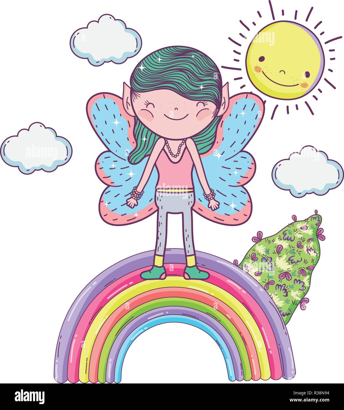 cute little fairy with rainbow and sun vector illustration design Stock ...