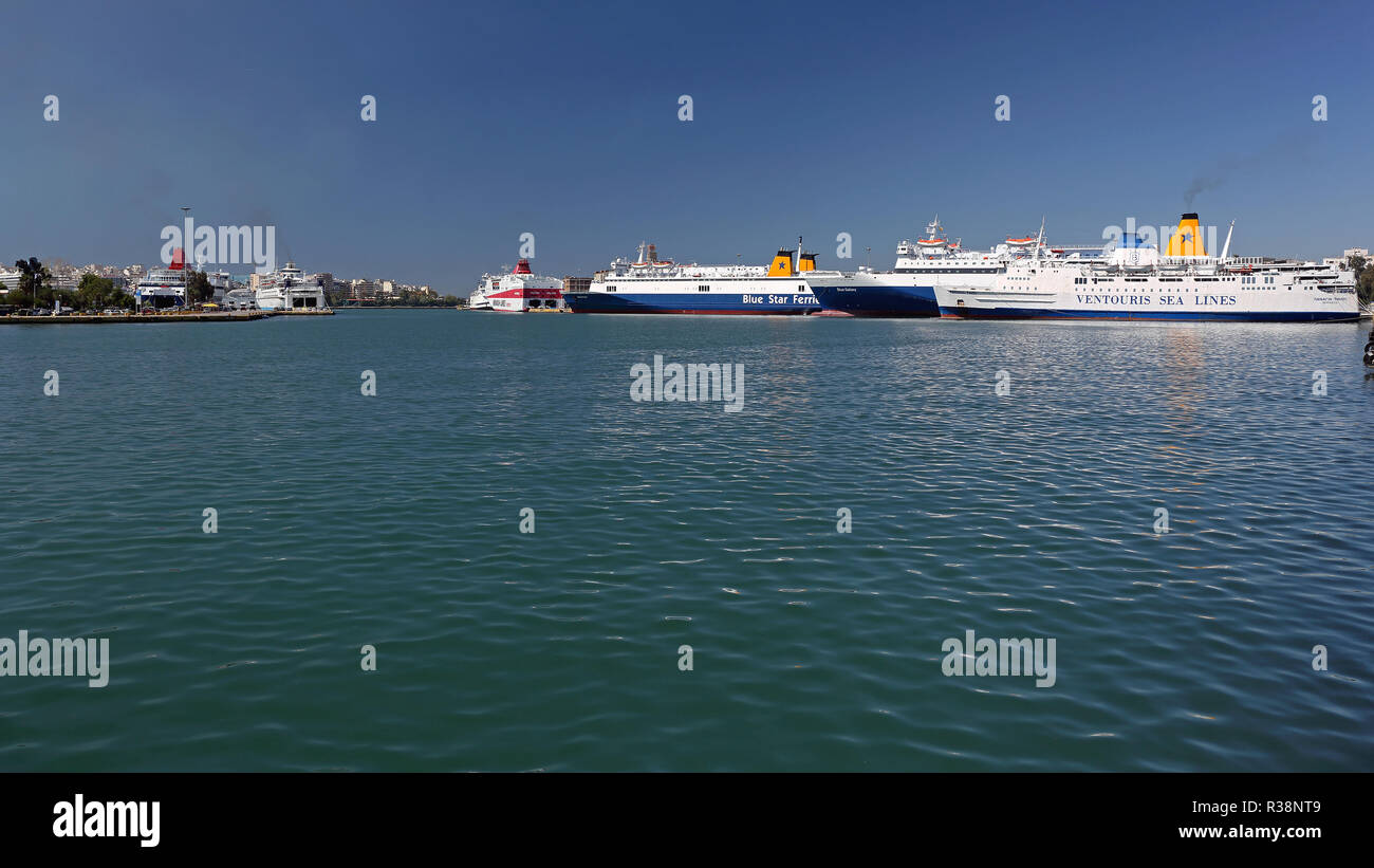PIRAEUS, GREECE - MAY 04, 2015: Docks with Ships and Ferryboats in ...