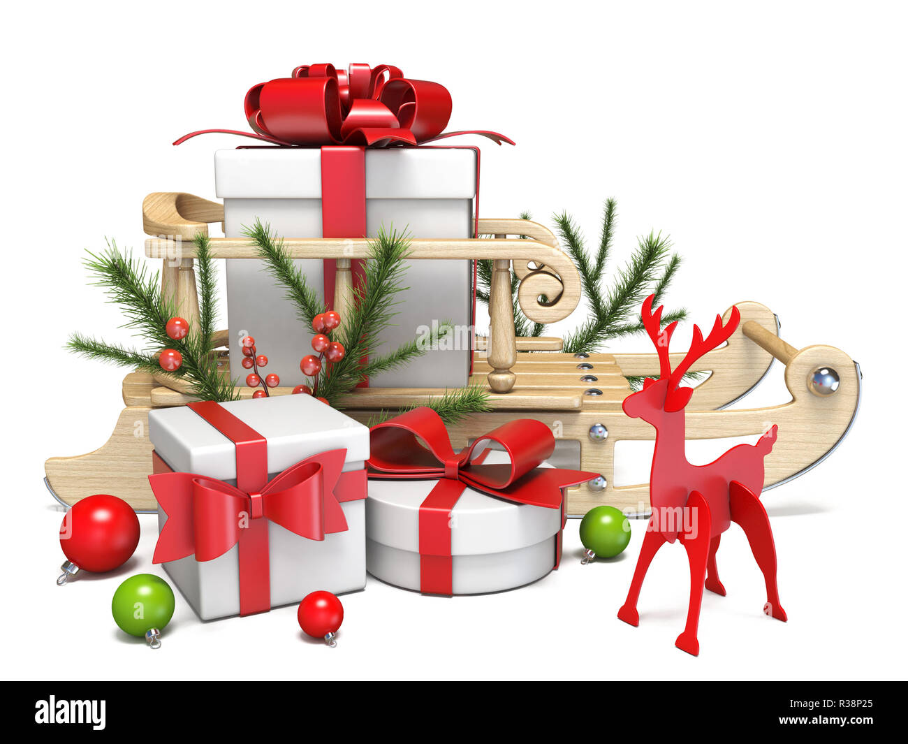 Sledge with Christmas presents, decorations and reindeer 3D render ...