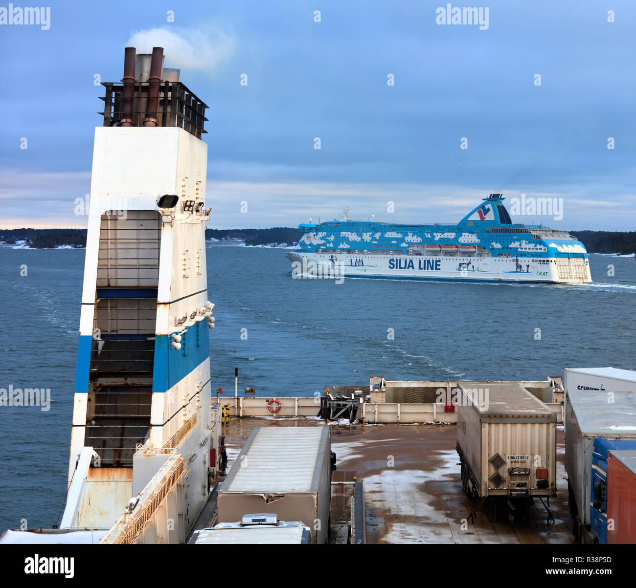 Aboard Finnlines ferry FinnEagle near Mariehamn, Åland, on the Baltic ...