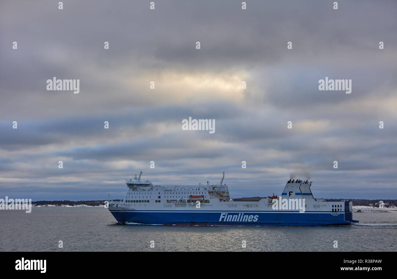 Finnlines ferry Finnfellow on Baltic Sea near Mariehamn, Åland, during ...