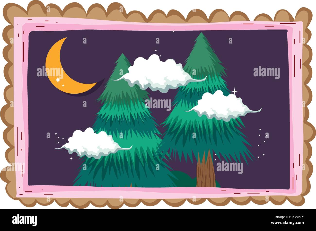 landscape with snow mountain square frame on night vector illustration ...
