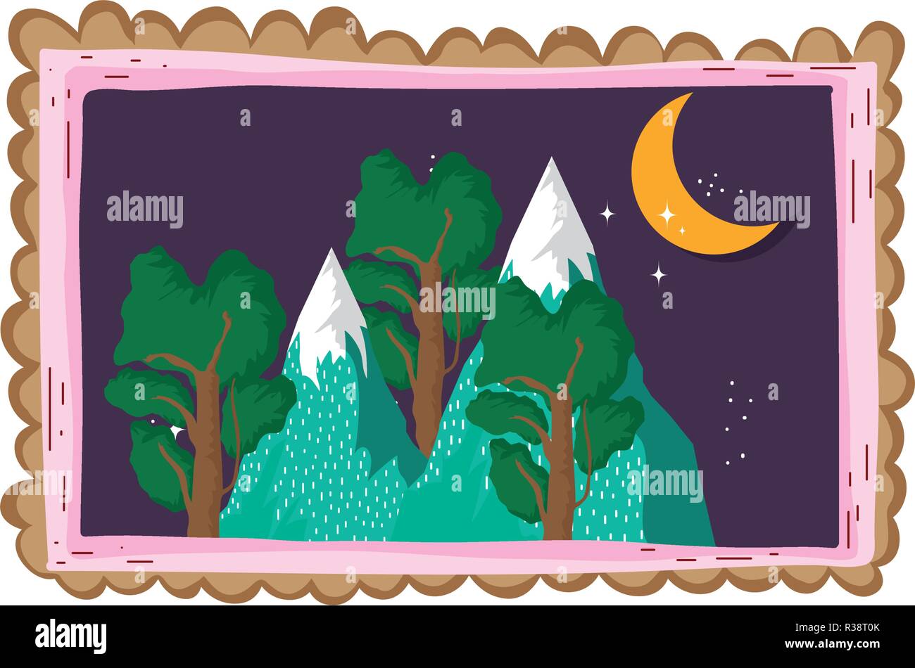landscape with snow mountain square frame on night vector illustration ...