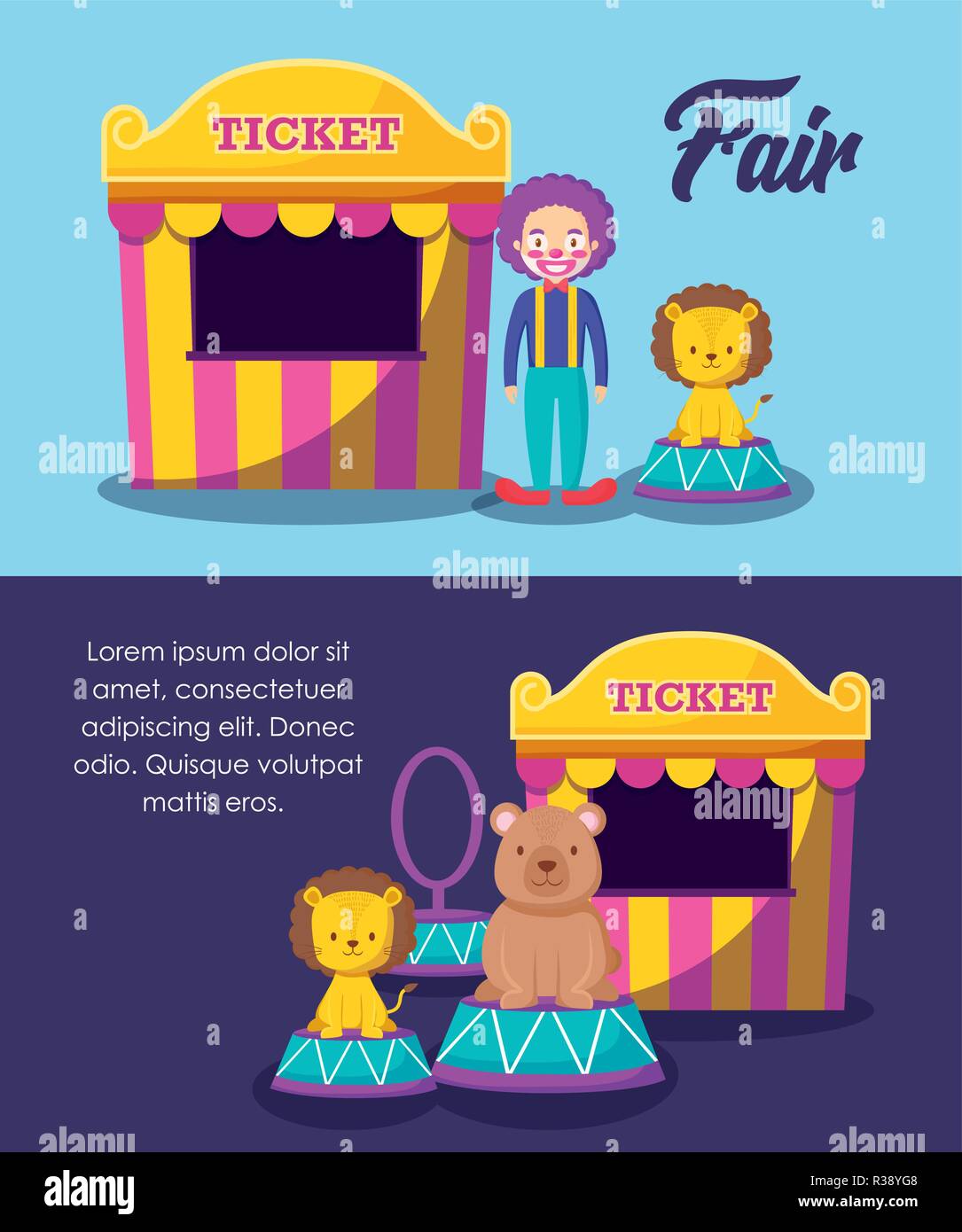 circus tents ticket sale with clown and cute animals vector ...