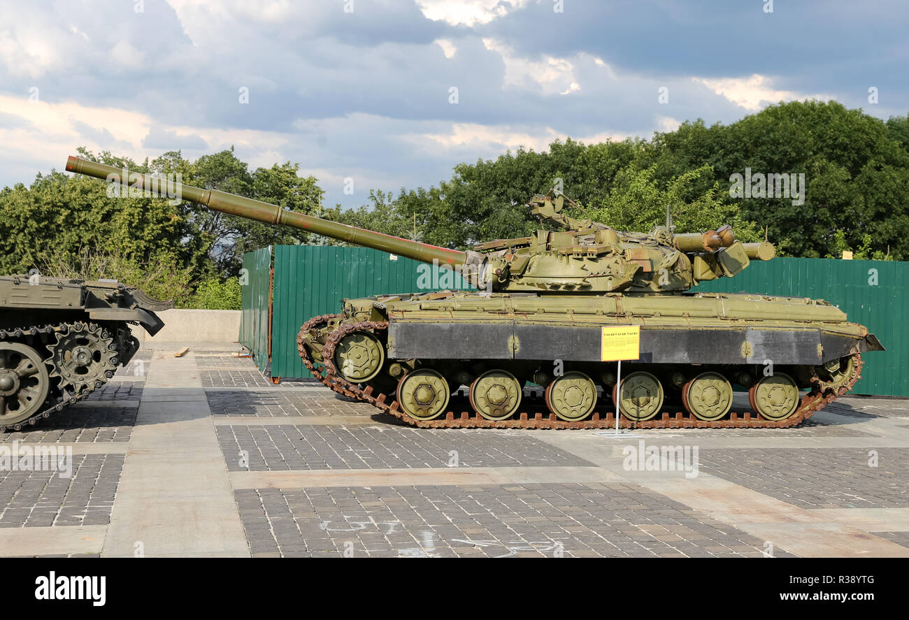 KIEV, UKRAINE - JULY 13, 2018: Military armored vehicle tank in war ...