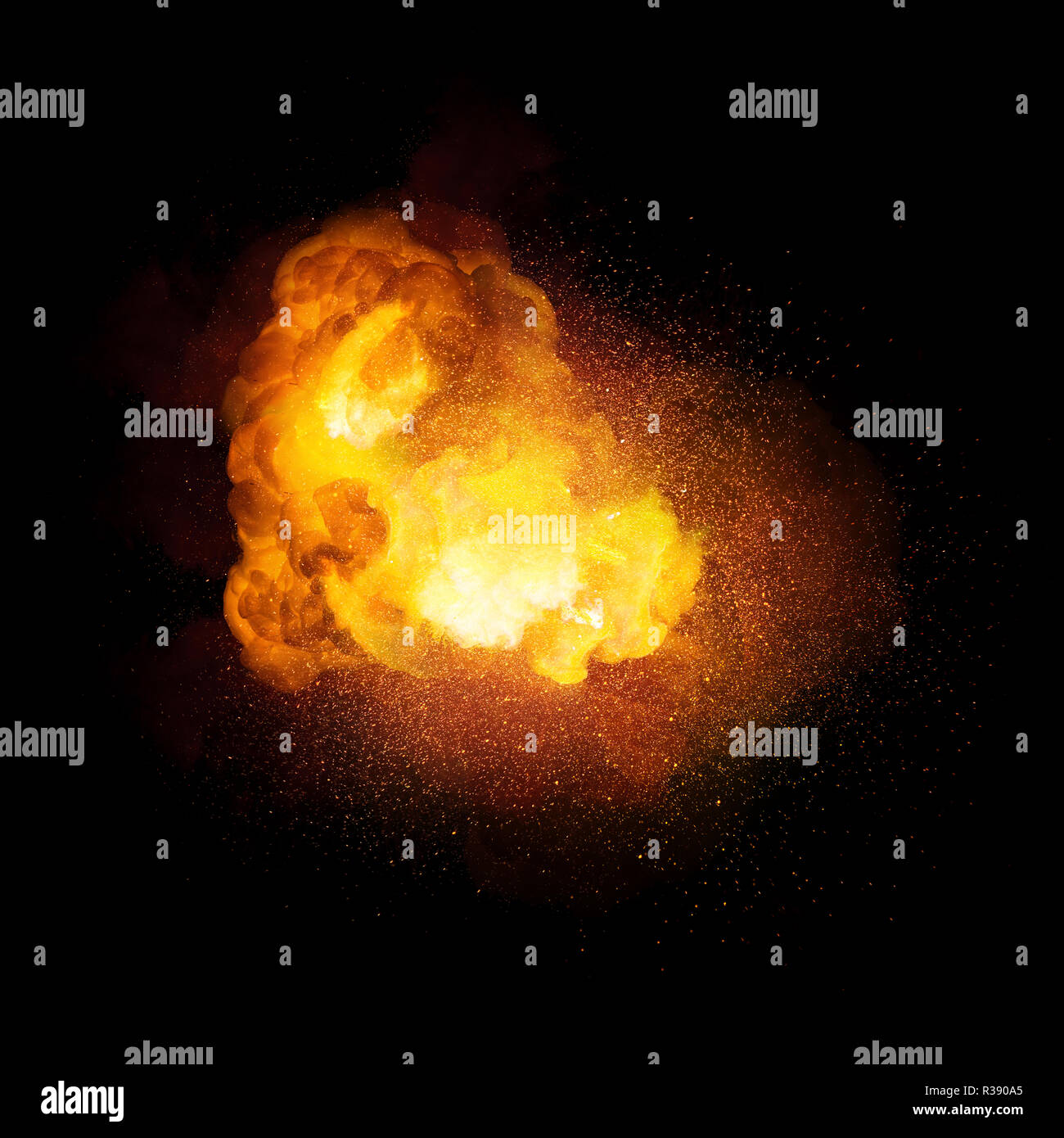 Fiery bomb explosion, orange color with sparks and smoke isolated on ...