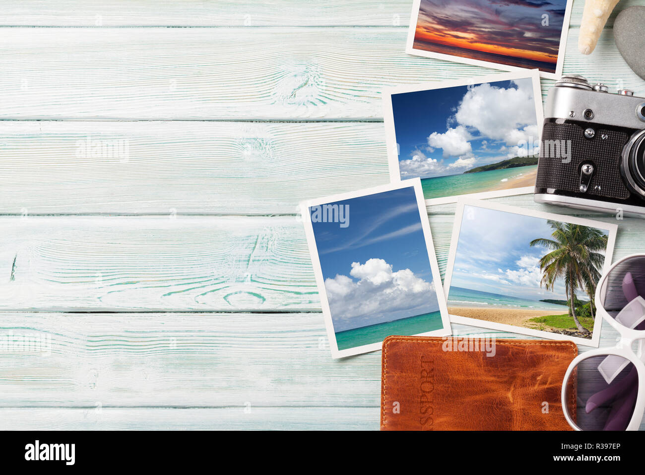Travel vacation background concept with weekend photos on wooden ...