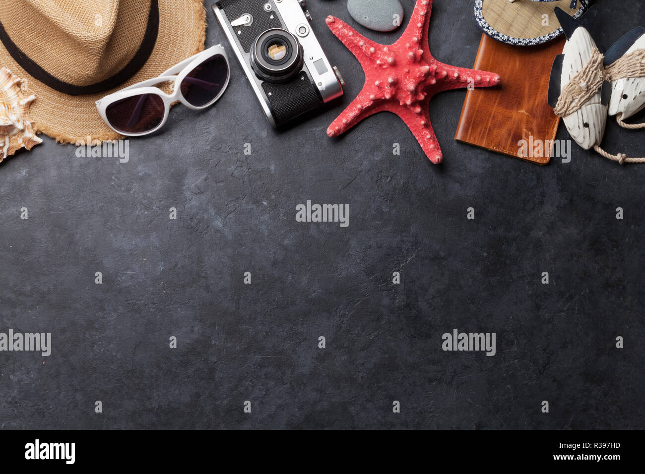 Travel vacation background concept with beach hat, sunglasses, passport ...