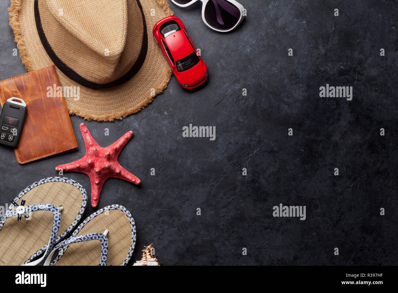 Travel vacation background concept with beach hat, sunglasses, passport ...