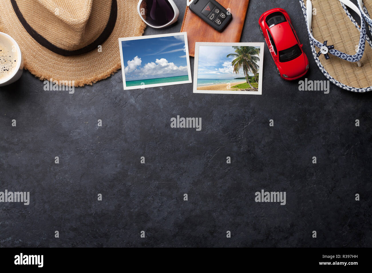 Travel vacation background concept with beach hat, passport, car toy ...