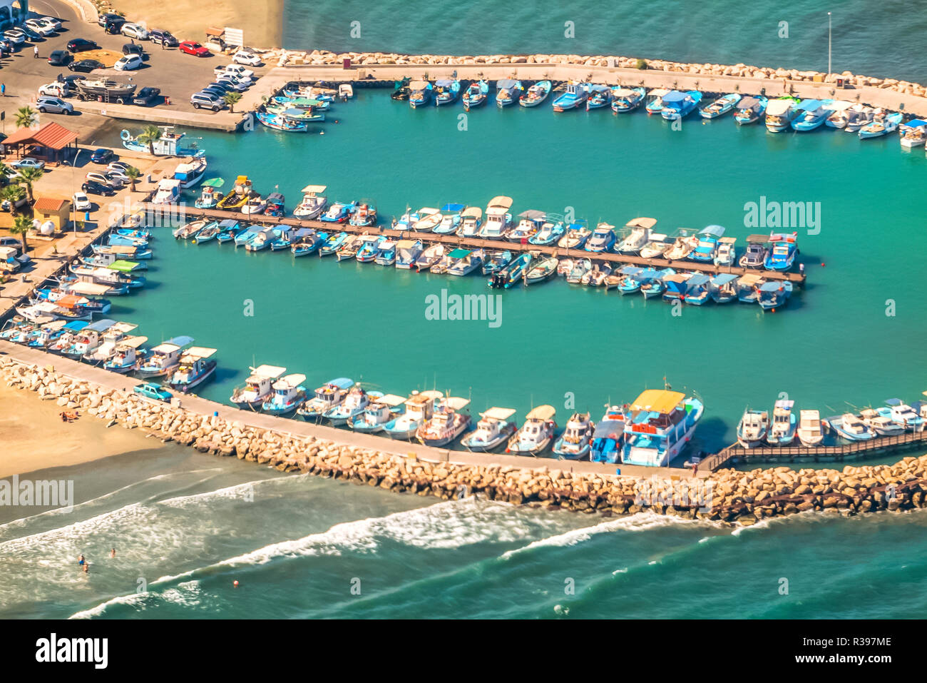 Sea port city of Larnaca, Cyprus. View from the aircraft to the ...