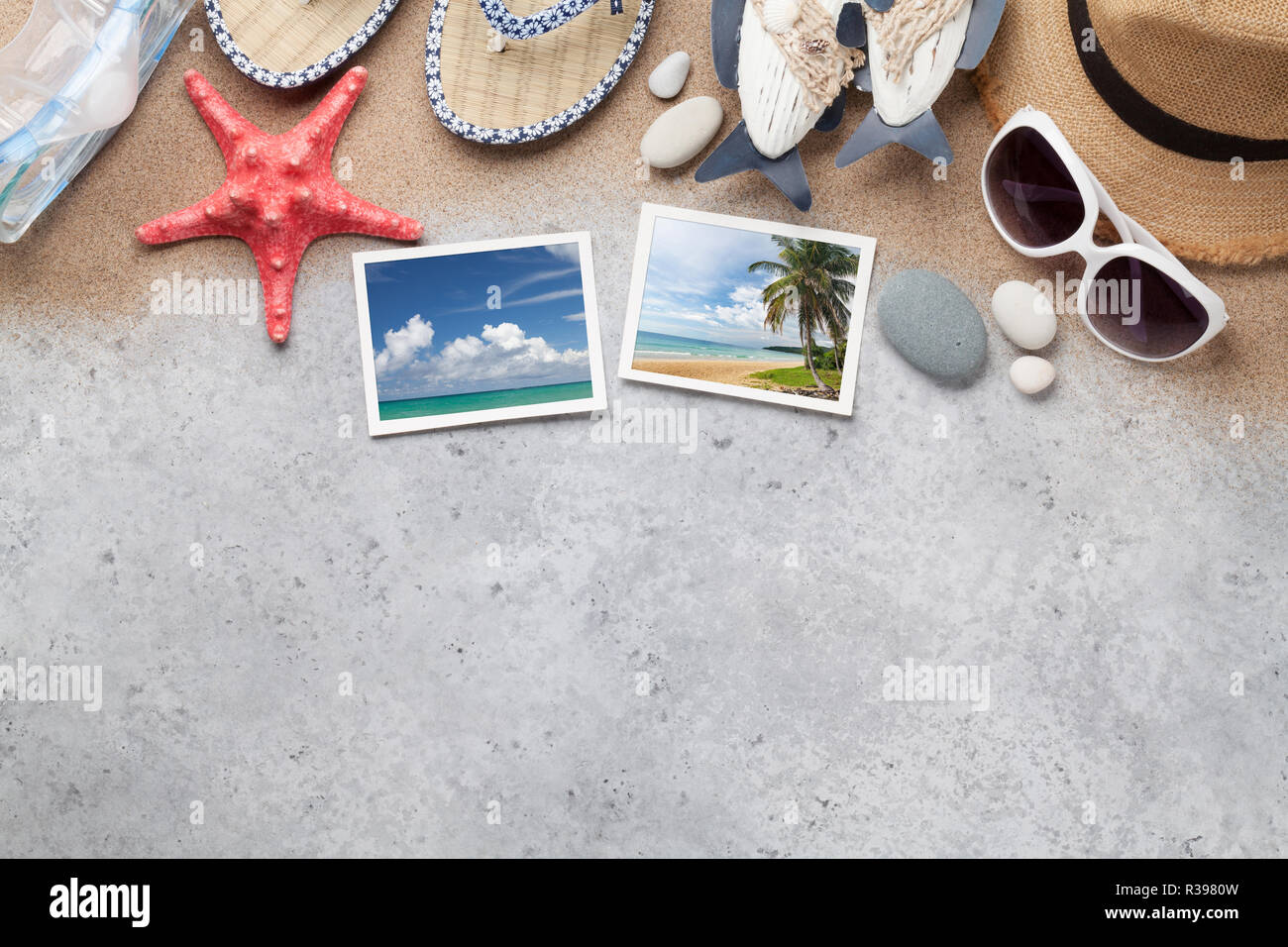 Travel vacation background concept with sunglasses, beach hat ...
