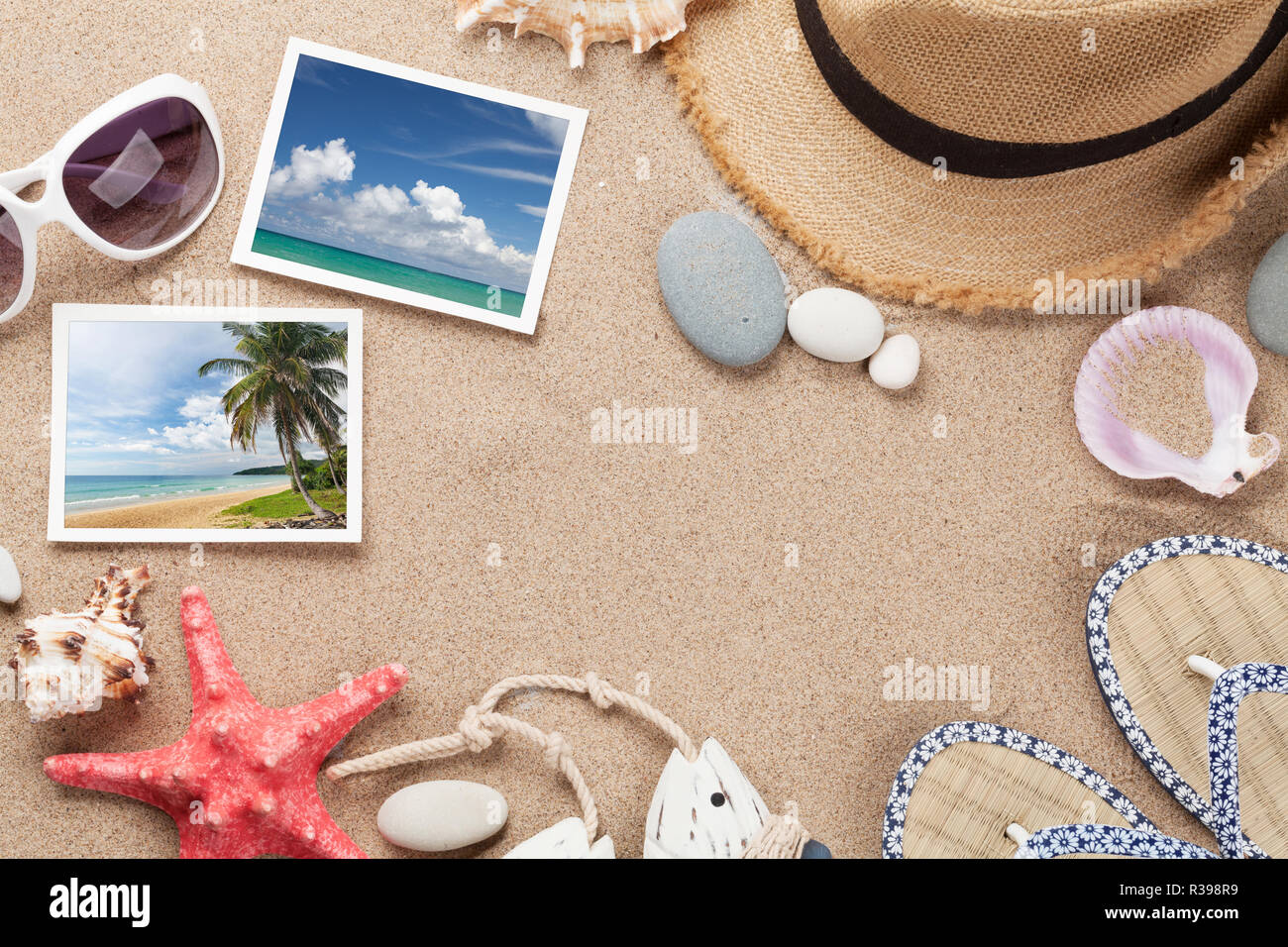 Travel vacation background concept with hat, sunglasses, seashells and ...