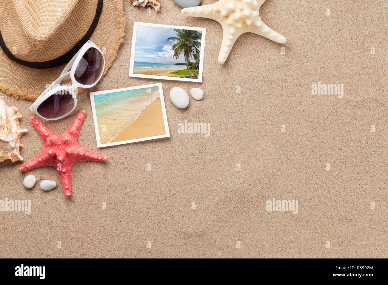 Travel vacation background concept with hat, sunglasses, seashells and ...