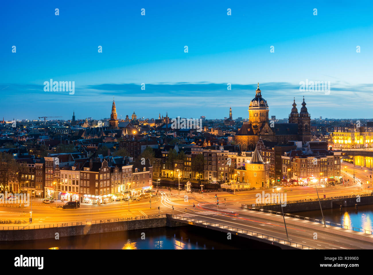 Amsterdam skyline in historical area at night, Netherlands. Ariel view ...