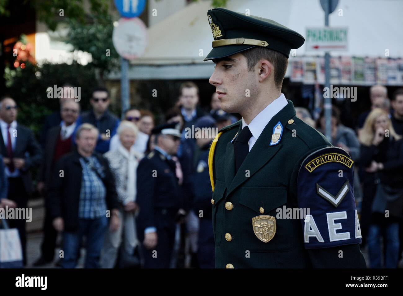 Member of Military Police seen outside the Cathedral of Athens at the ...