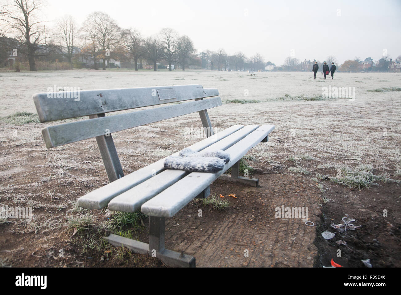 London, UK. 22nd Nov, 2018. A park bench covered in frost on Wimbledon ...