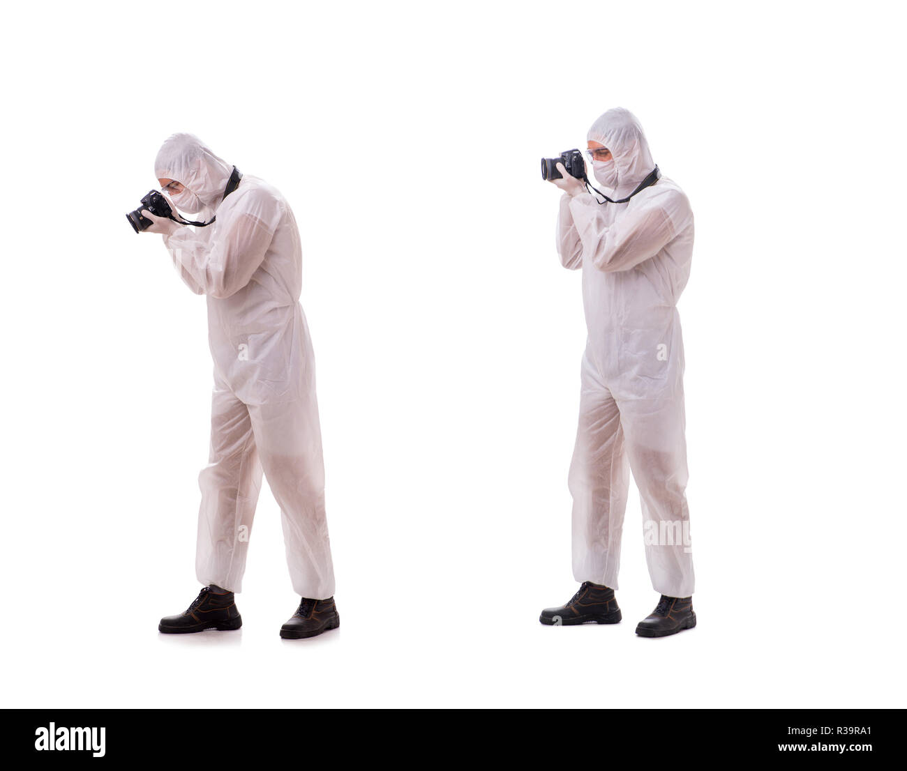 Forensic specialist in protective suit taking photos on white Stock ...