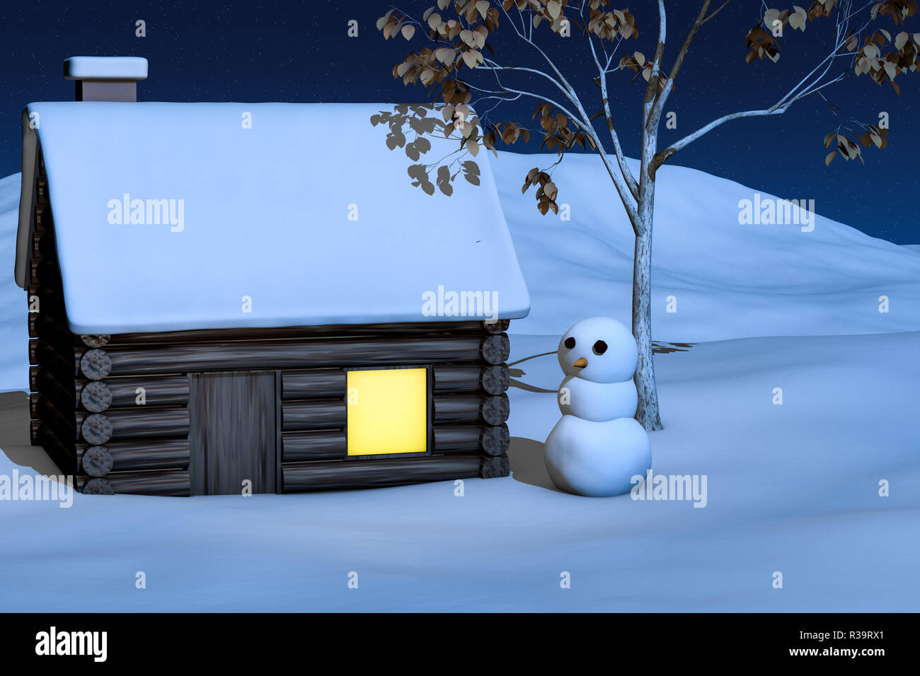 Snowman christmas night cabin hi-res stock photography and images - Alamy