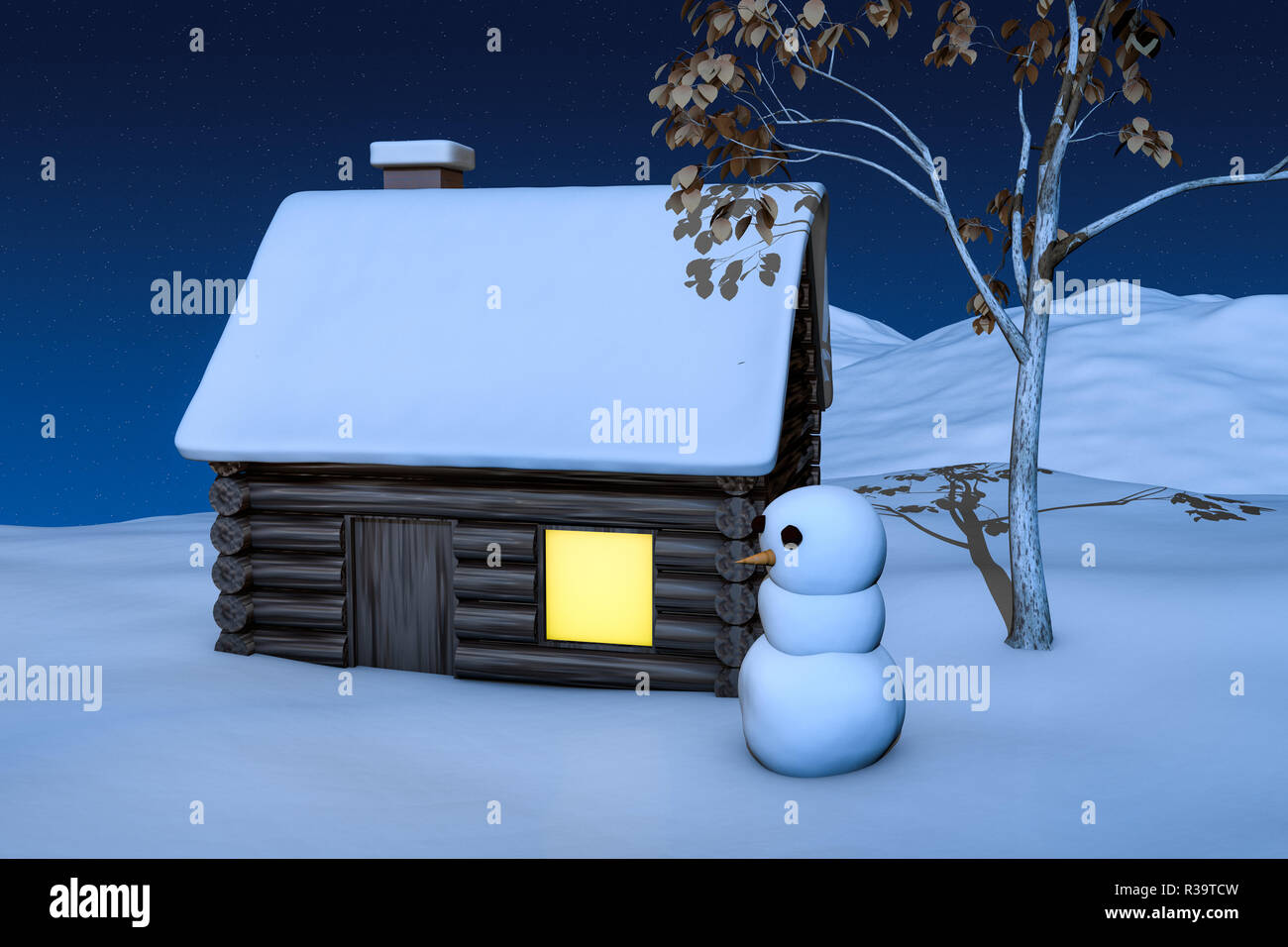 Snowman christmas night cabin hi-res stock photography and images - Alamy