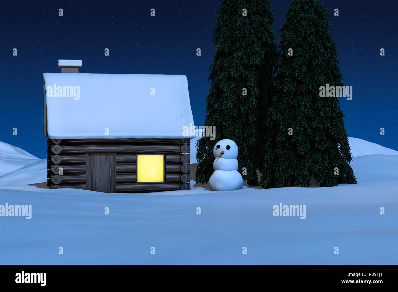 3d rendering, snowman and cabin in winter Stock Photo - Alamy