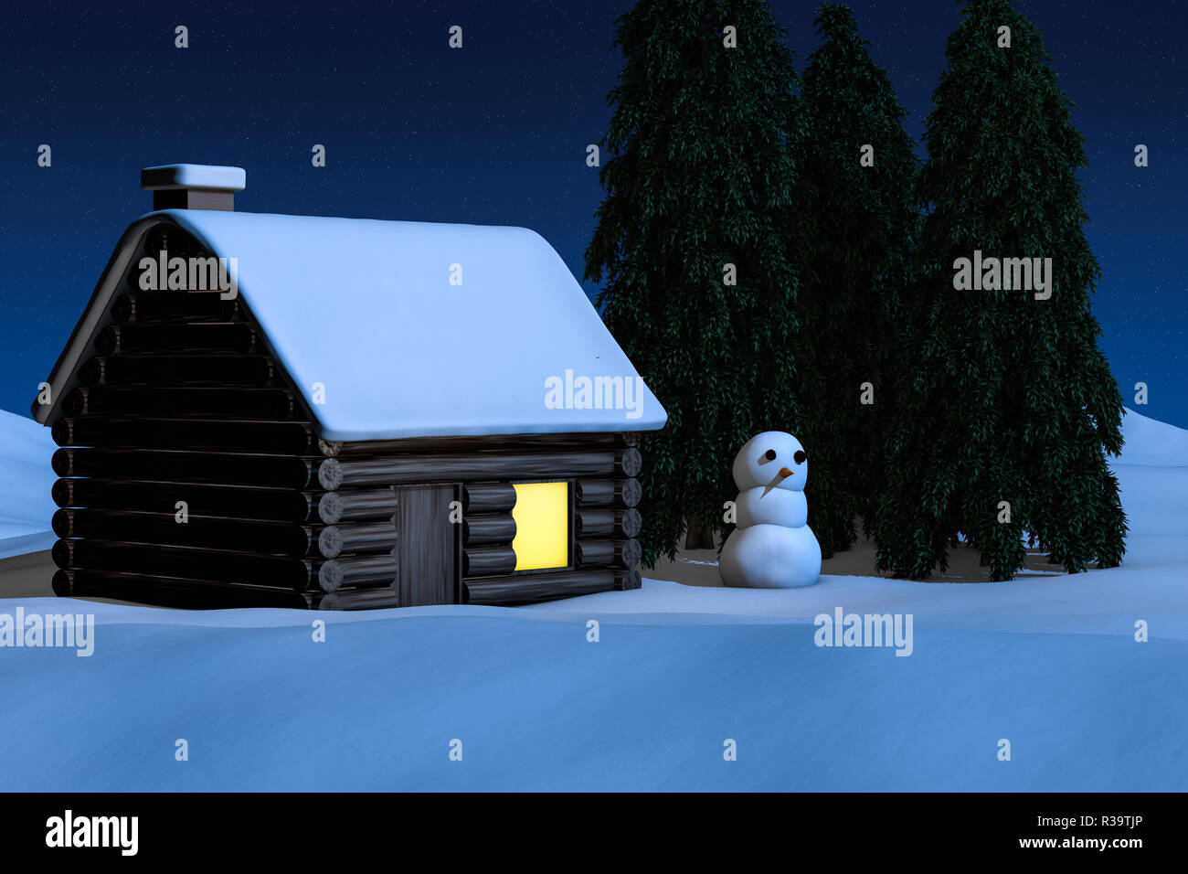 Snowman christmas night cabin hi-res stock photography and images - Alamy