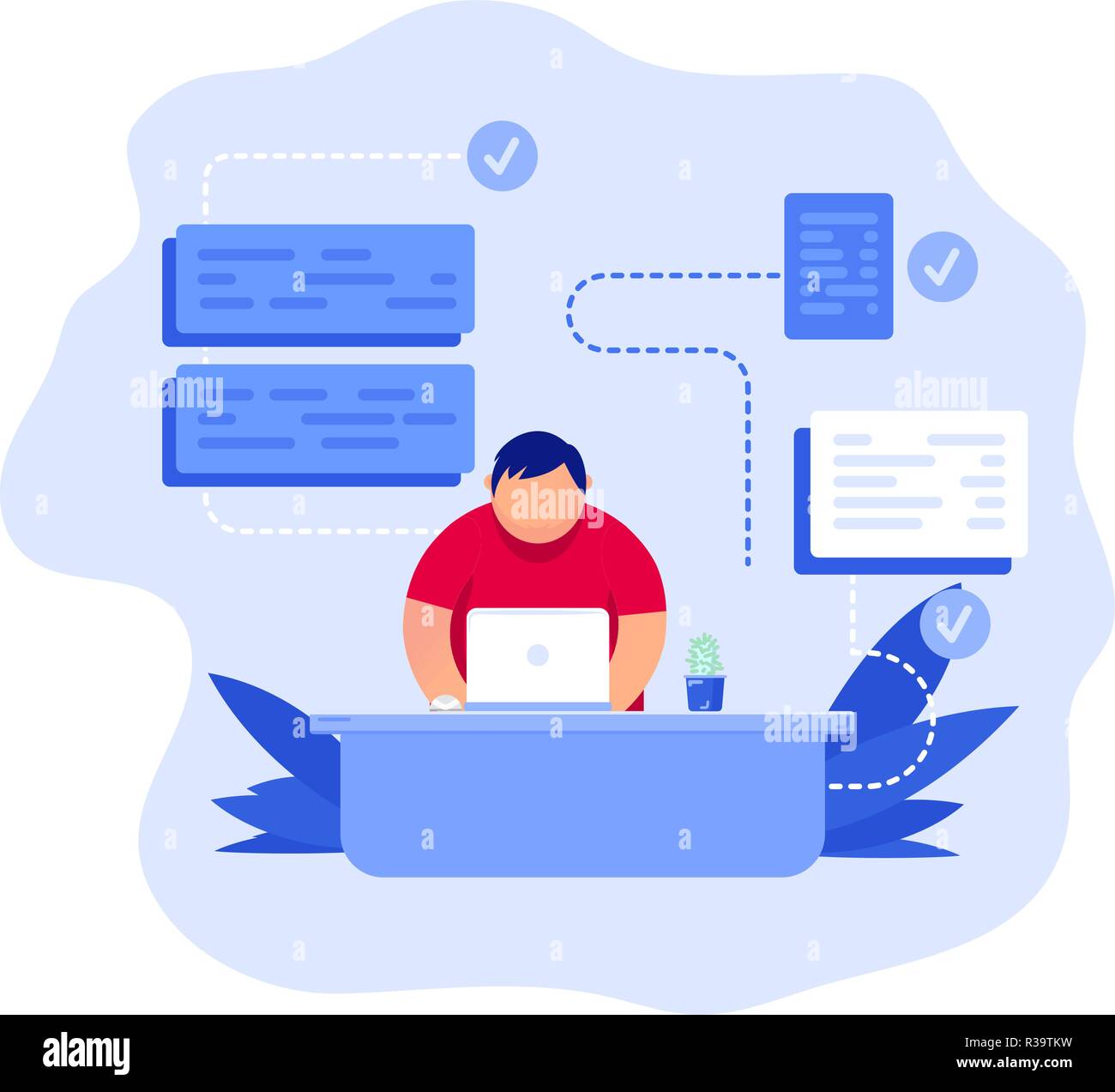Software development and programming. Flat vector illustration of young programmer coding on the ...
